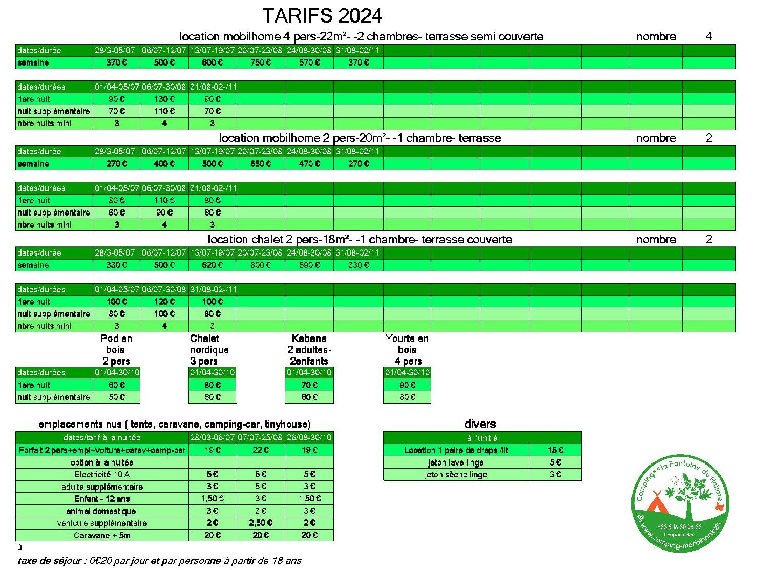 Tarifs du camping - Camping nature la fontaine du hallate en Bretagne
